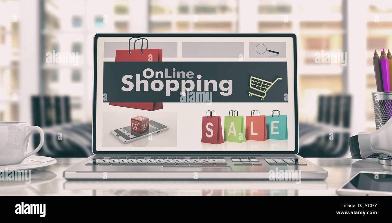 Online shopping concept. Laptop on an office desk. 3d illustration ...
