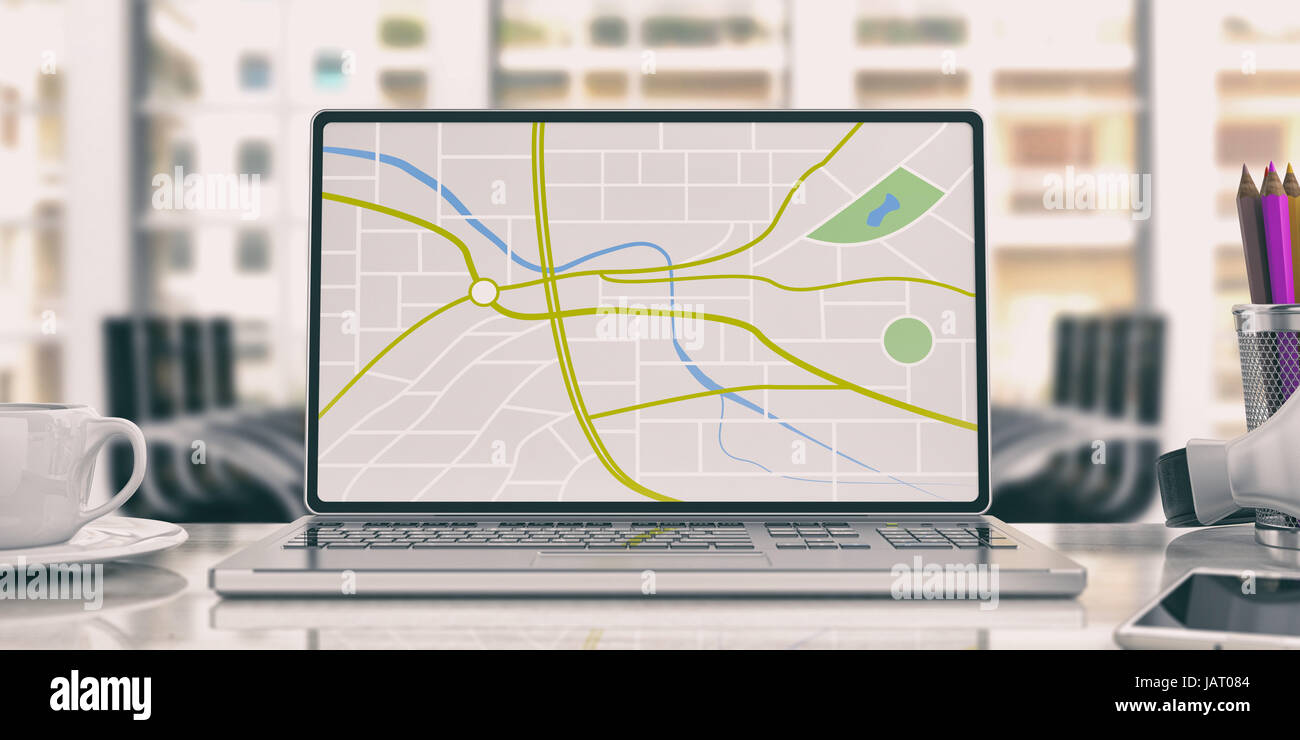 Navigation concept. Map on the laptop screen. 3d illustration Stock ...