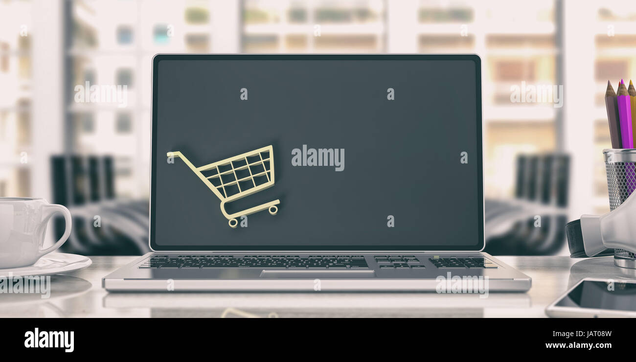 Online shopping concept. Laptop on an office desk. 3d illustration ...