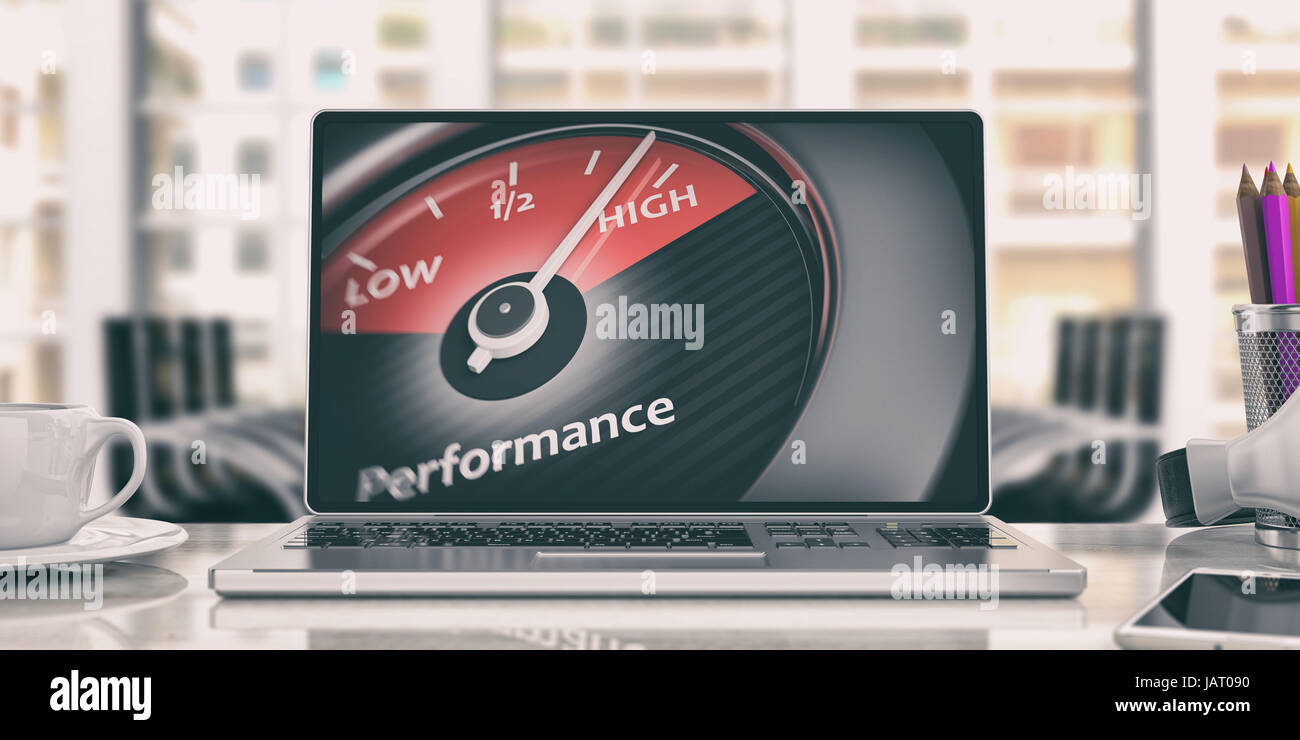 High performance concept. Car speedometer on a laptop. 3d illustration ...