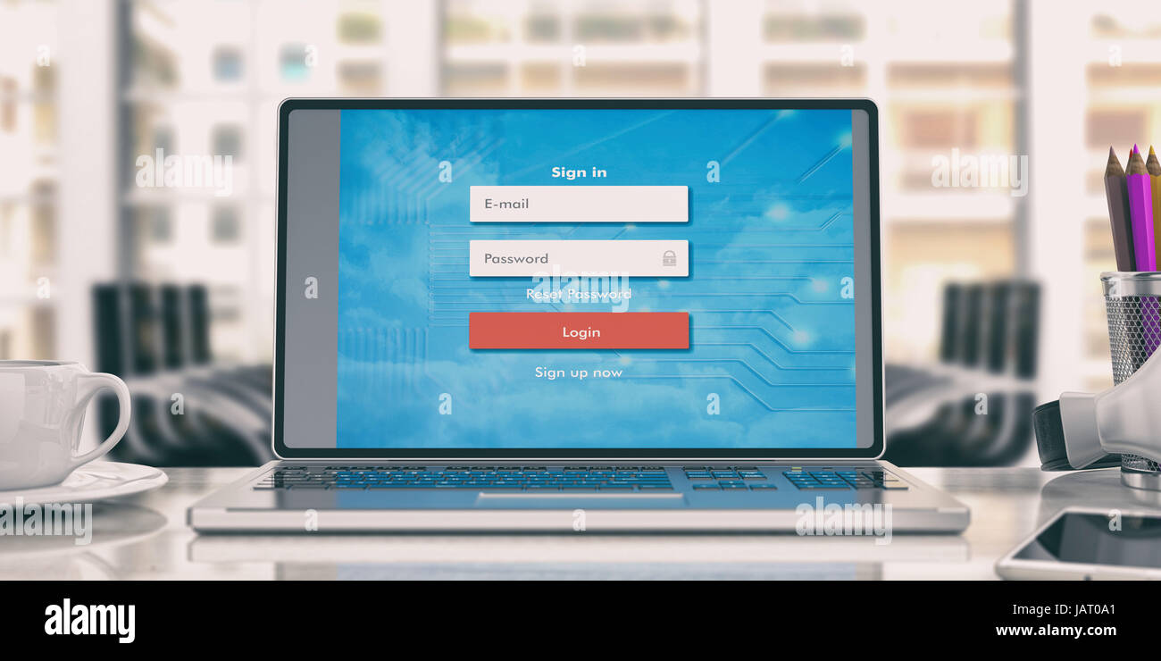 Workspace. Login on the computer screen. 3d illustration Stock Photo ...