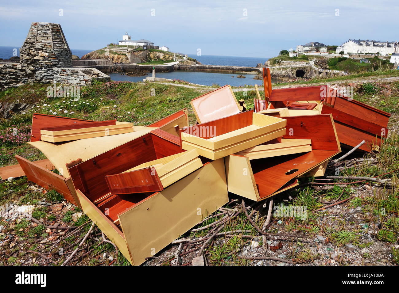 Household rubbish waste litter dumped on coastal path at Tapia de ...