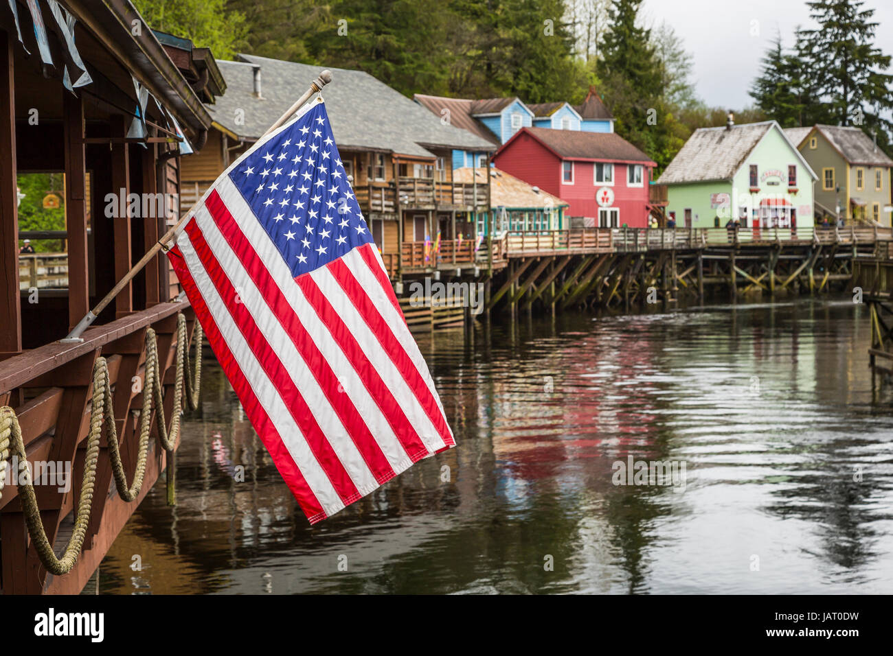 Creek Street and the American flag in Ketchikan, Alaska, USA Stock ...