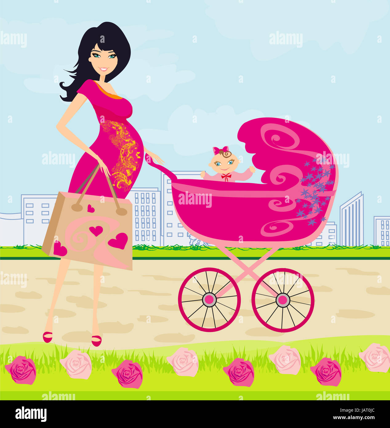 Beautiful pregnant woman pushing stroller daughter city baby hi-res ...