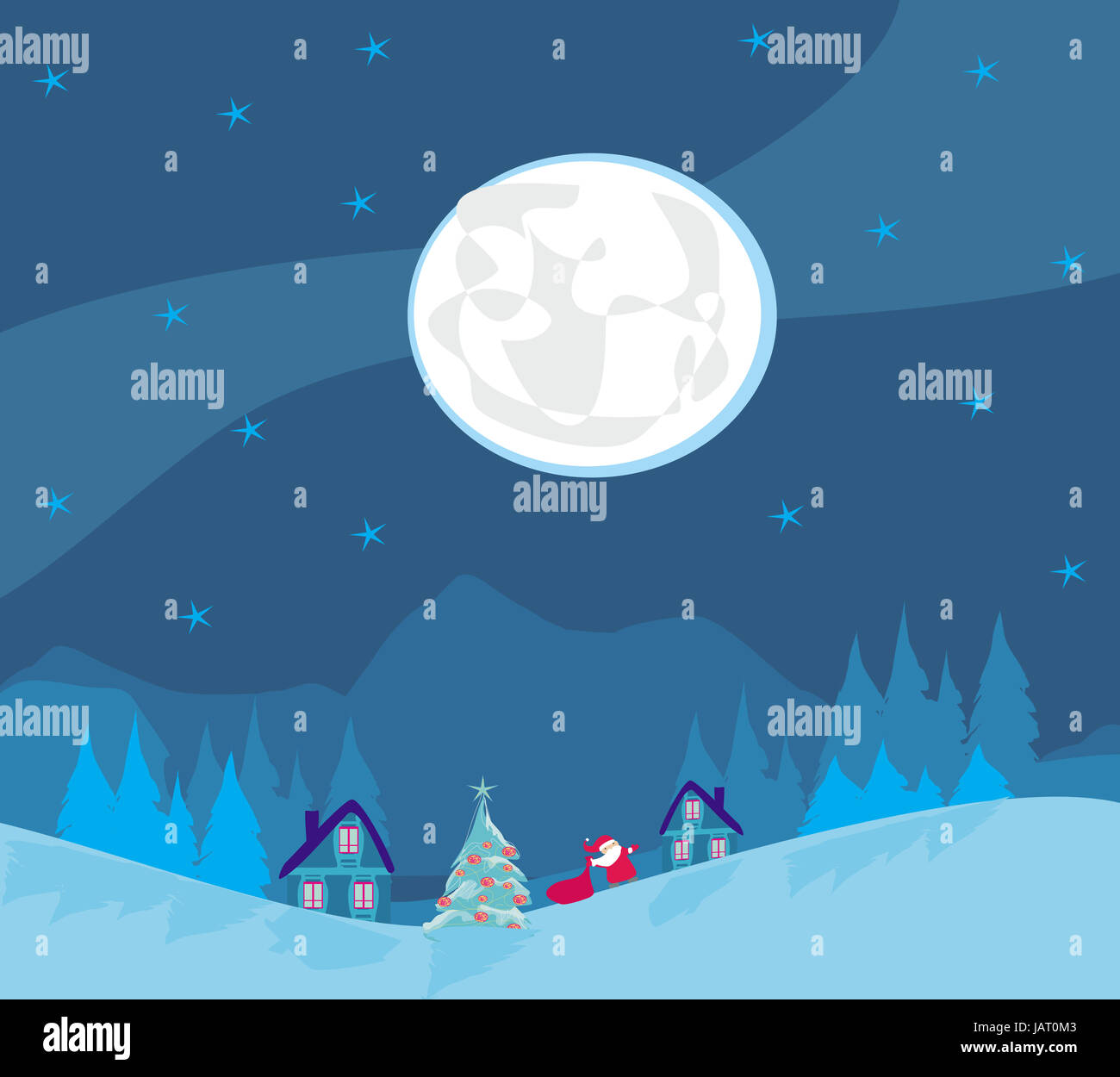 Winter landscape with houses and Santa Stock Photo - Alamy