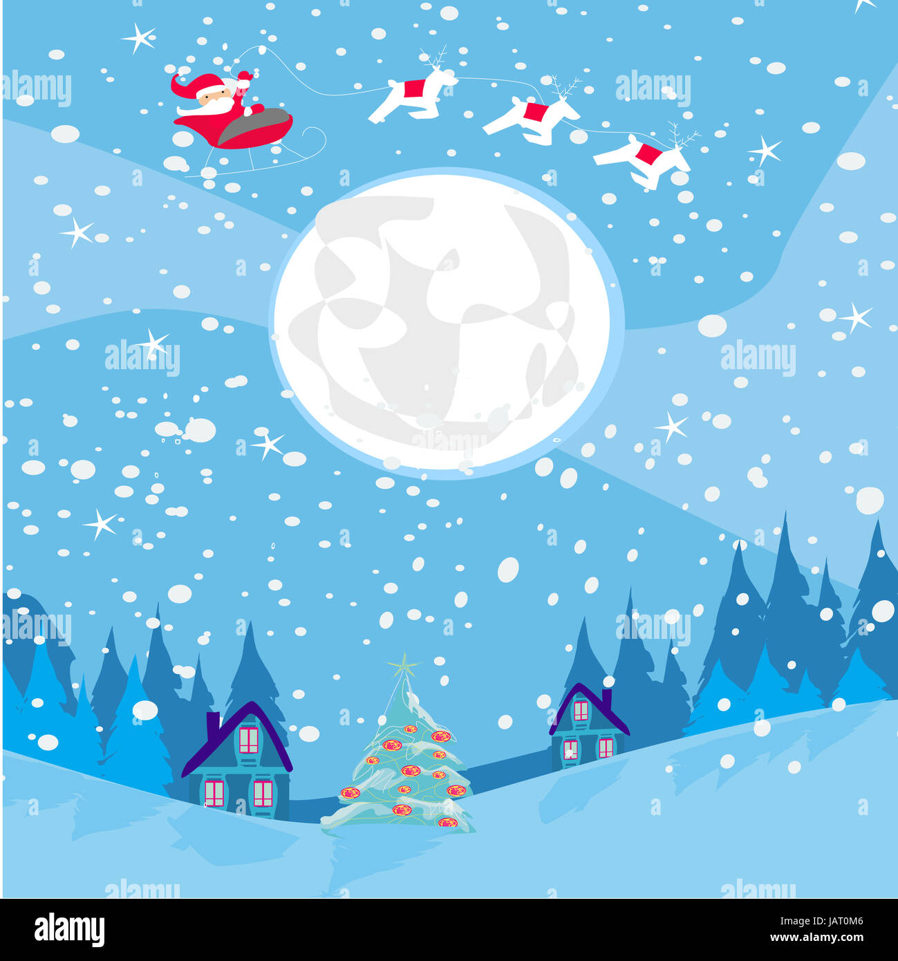 Winter landscape with reindeer, houses and Santa Stock Photo - Alamy