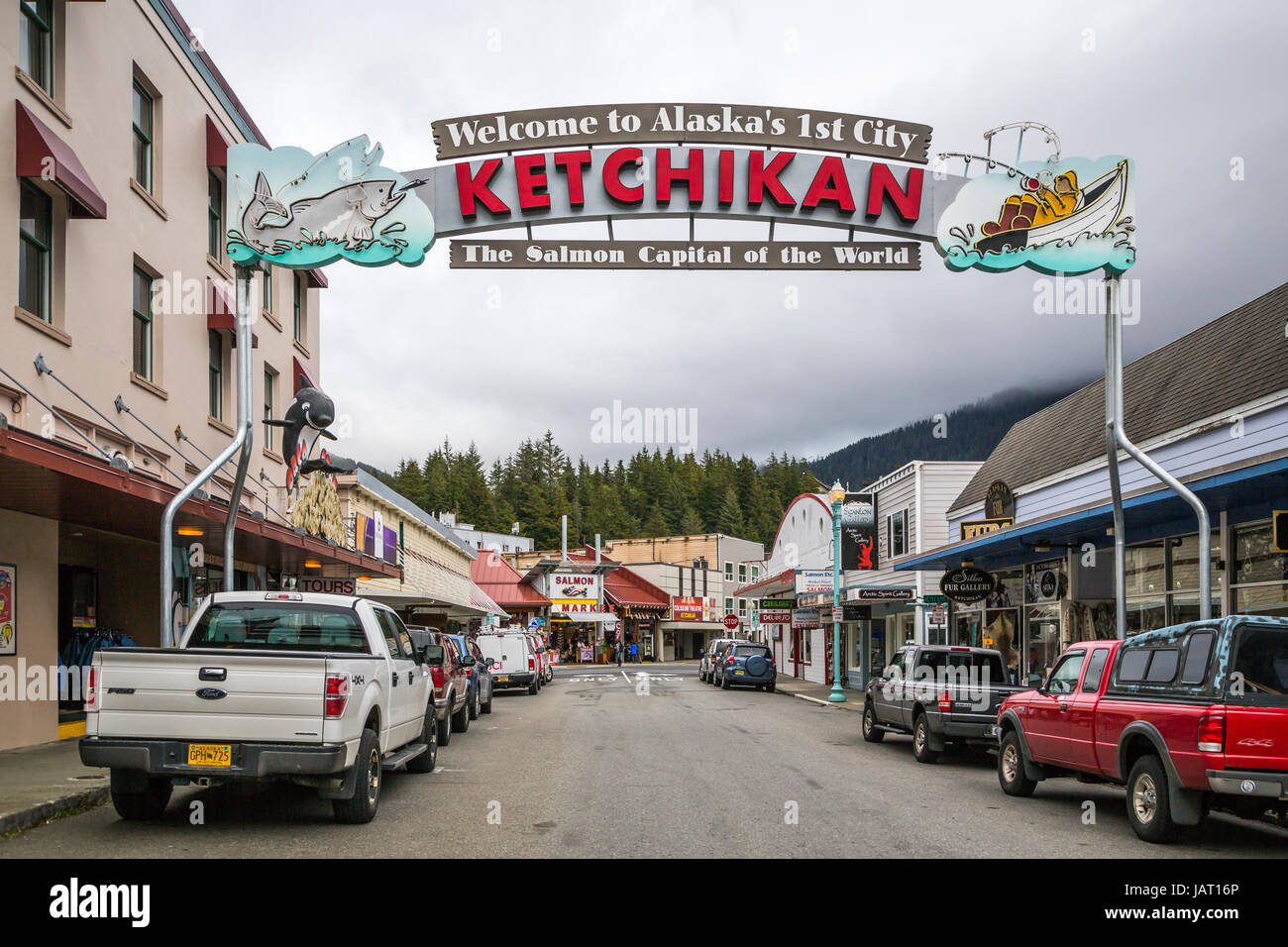 The famous overhead street sign in Ketchikan, Alaska, USA Stock Photo ...