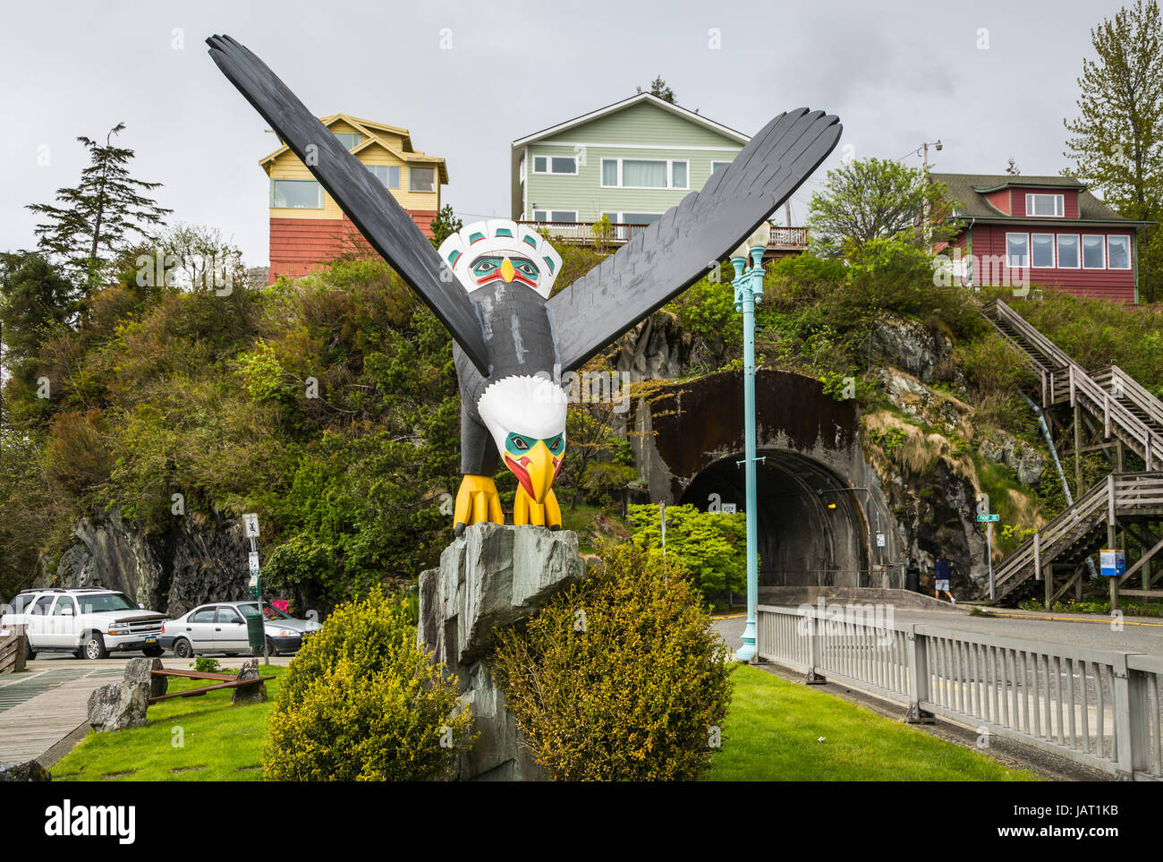 A bald eagle wood carving and park in the city of Ketchikan, Alaska ...