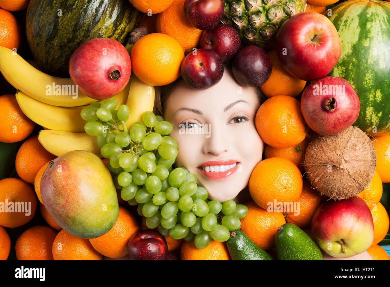 Woman face in fruits, healthy nutrition and diet concept Stock Photo ...