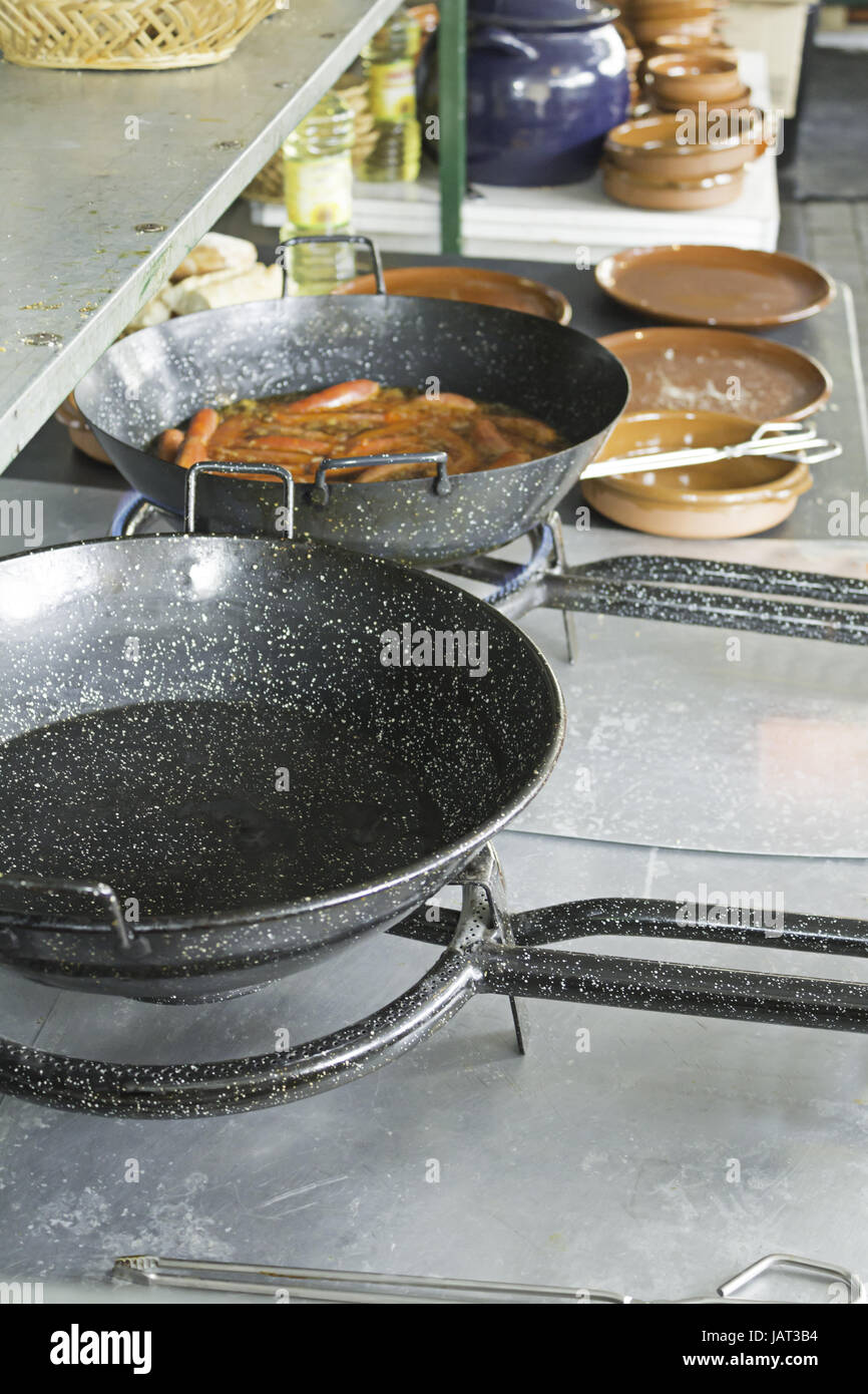 Pan frying sausage inside restaurant, catering Stock Photo - Alamy
