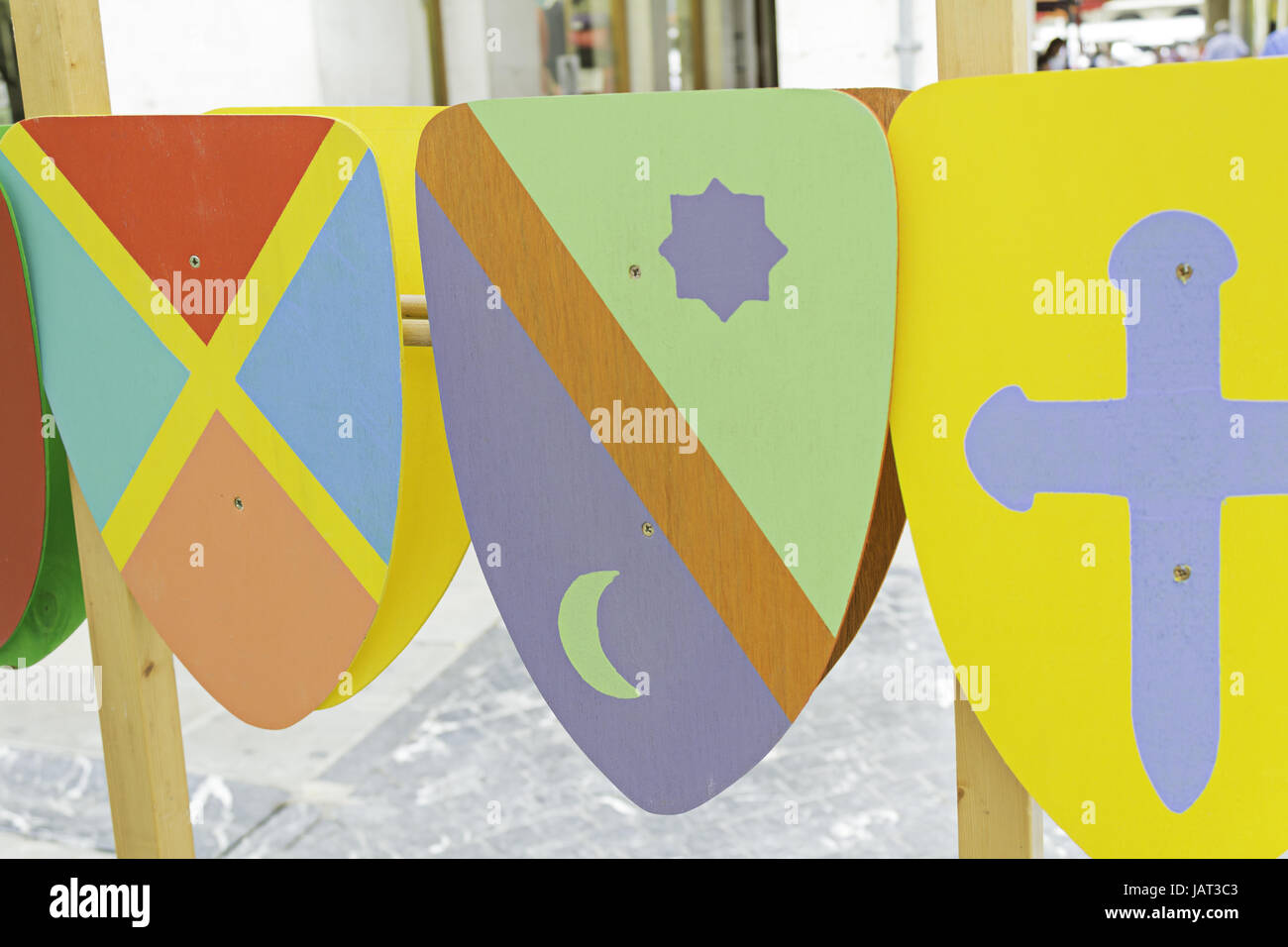 Medieval Shields put children in recreation, fun Stock Photo - Alamy