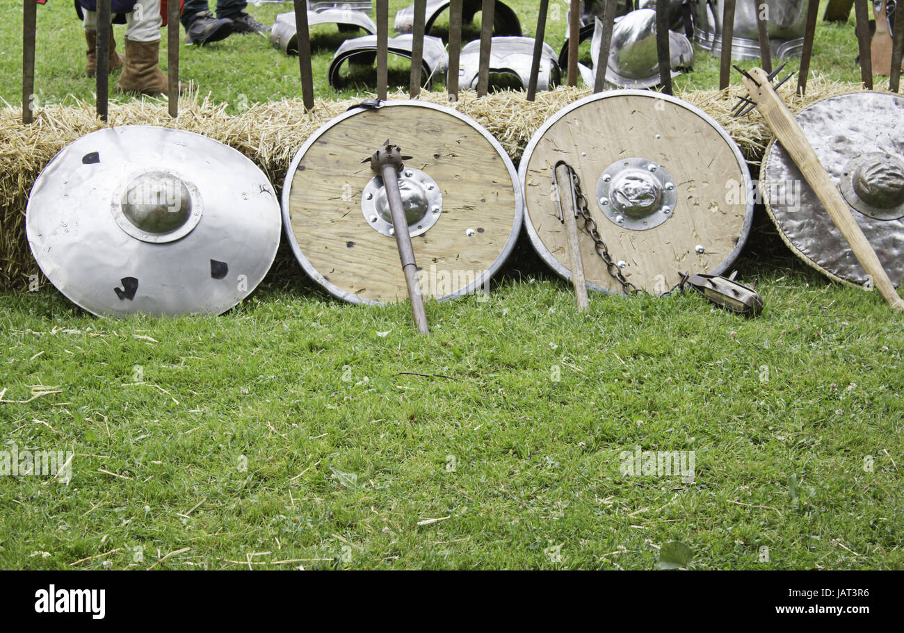 Swords and shields in medieval camp, historical reenactment of Spain ...