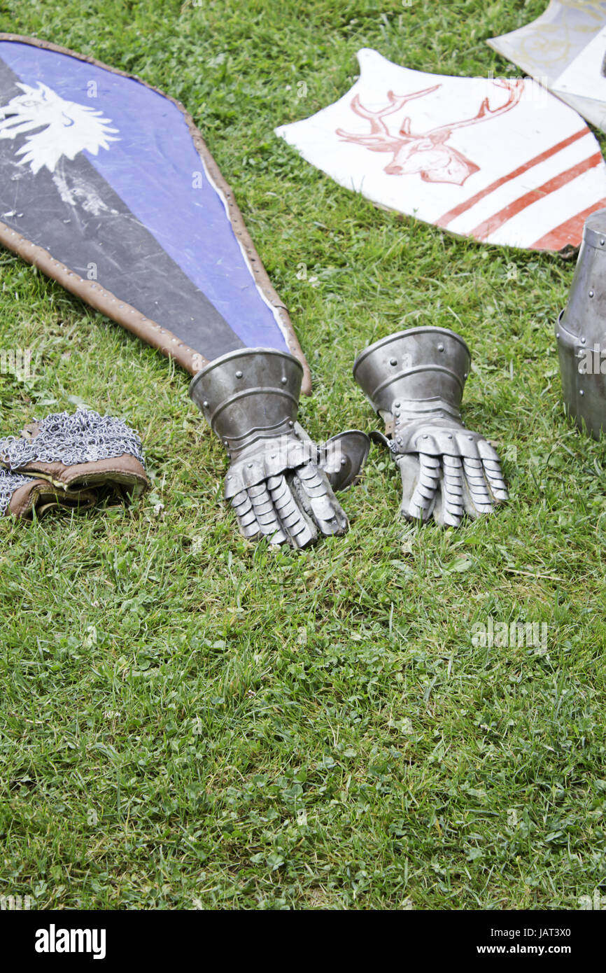 Stainless steel medieval gloves and shields, event and history Stock ...