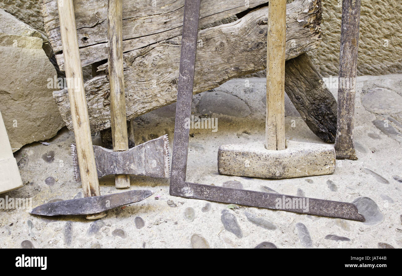 Tools stonemason and carpenter ancient wooden objects and materials ...