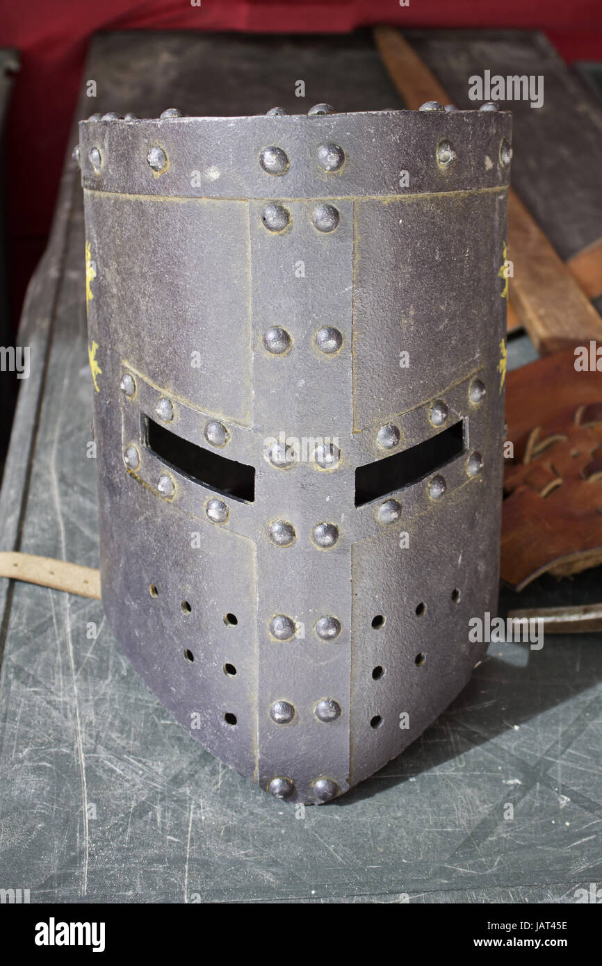 Antique iron medieval helmet in event of recreation, historic Stock ...