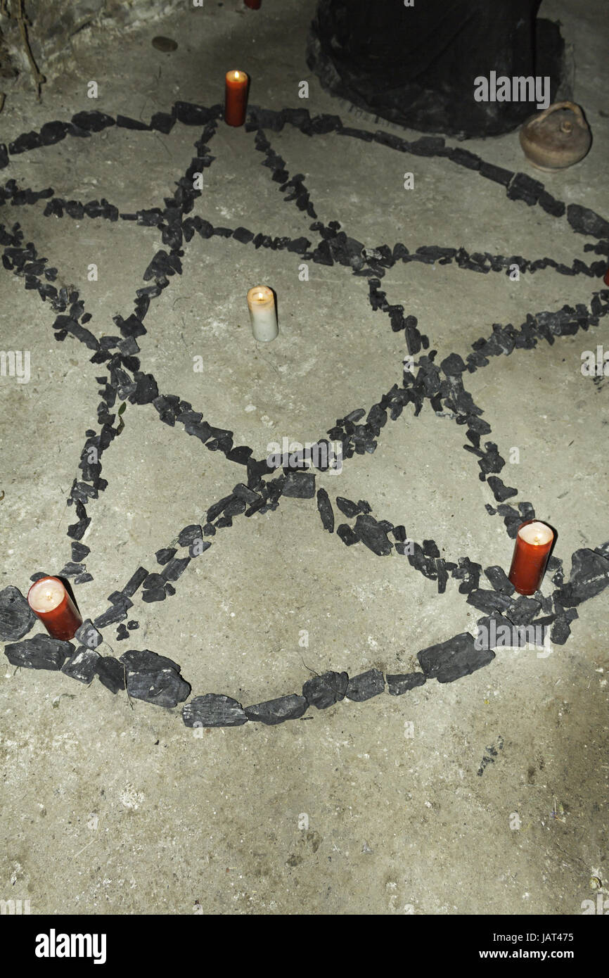 Pentagon candlelight demonic drawn on the ground housing, witchcraft ...