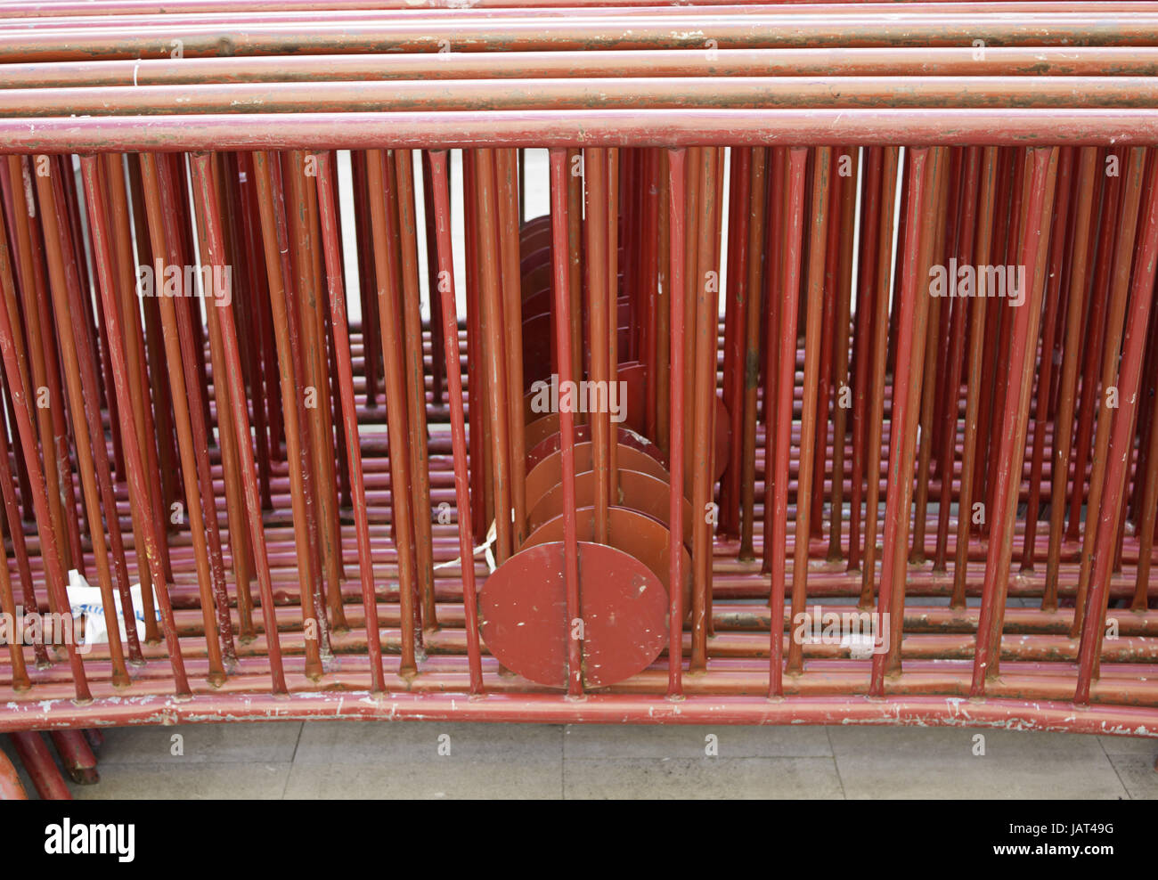 Red Fences metal protection in urban street, object and materials Stock ...