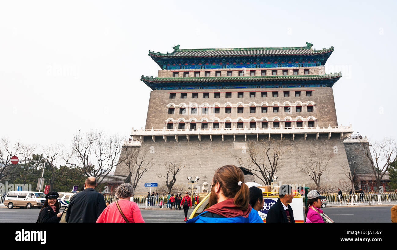 BEIJING, CHINA - MARCH 19, 2017: tourists on street and view of Arrow ...
