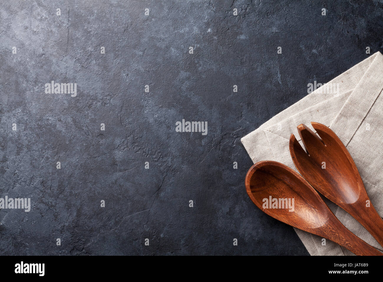 Cooking utensils on stone table. Top view with chalkboard for your ...