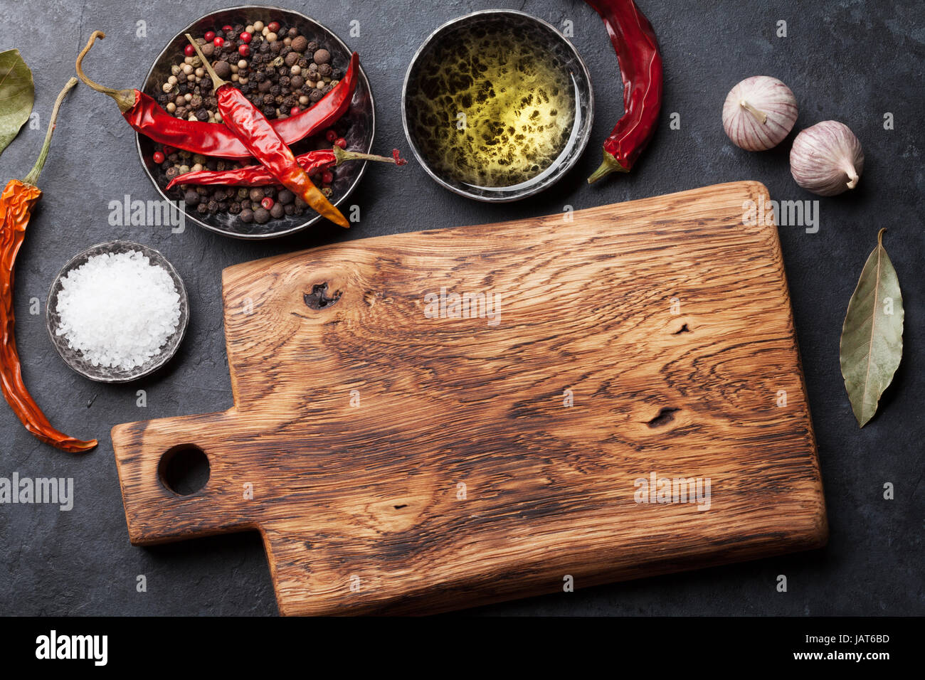 Cooking ingredients and utensils on stone table. Top view Stock Photo ...
