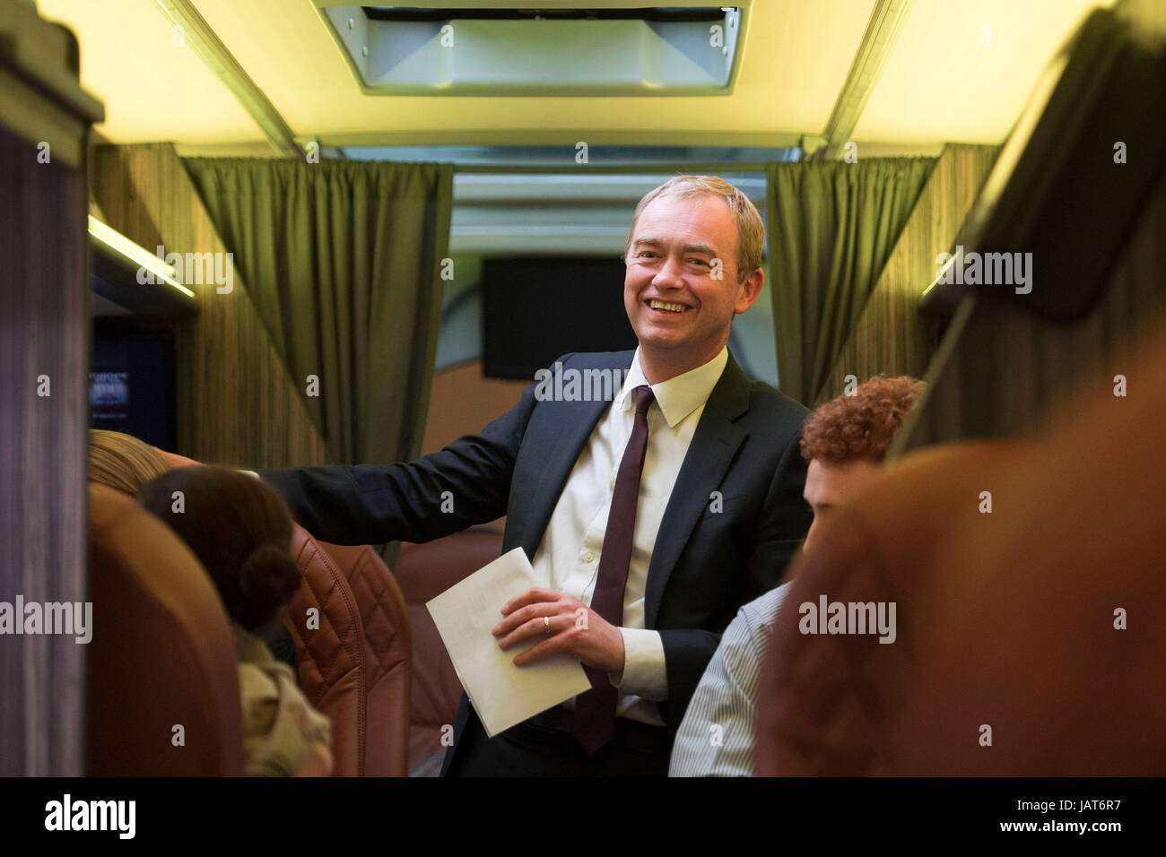 Liberal Democrats leader Tim Farron on the campaign bus in Bath during ...