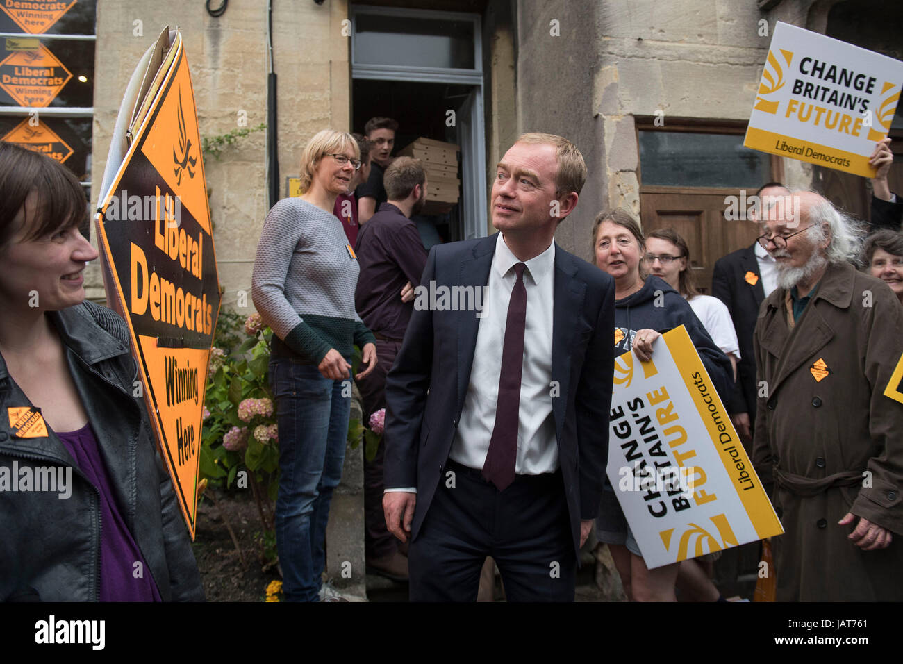 Liberal Democrats leader Tim Farron looks for his campaign bus as it is ...