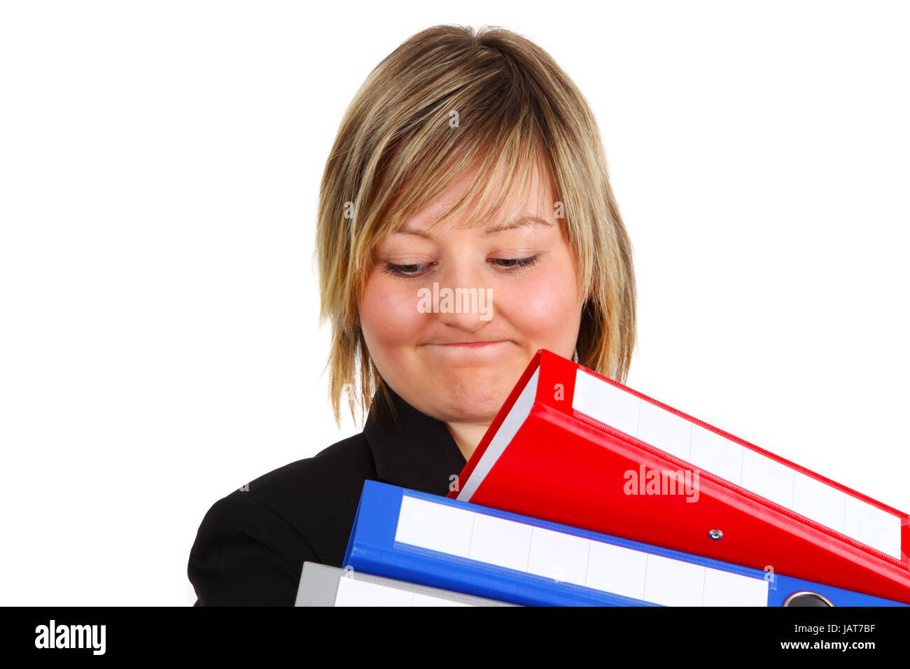 Young woman holding folders on white background Stock Photo - Alamy