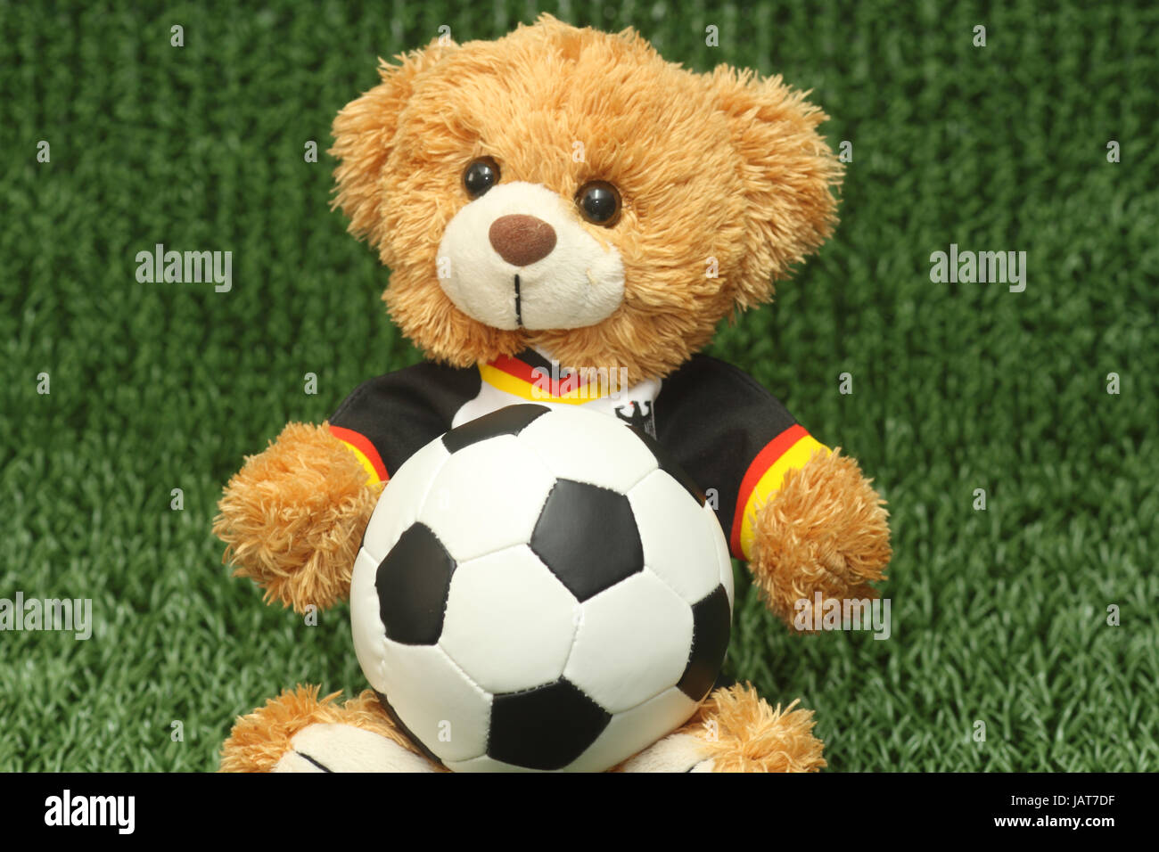 Teddy bear with football shirt on lawn background Stock Photo - Alamy