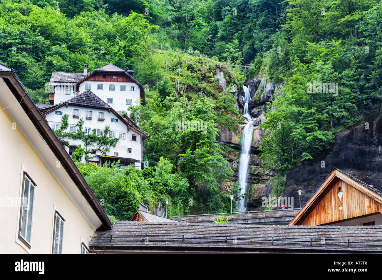 Hallstatt in-town waterfall - idyllic Austria village Stock Photo - Alamy