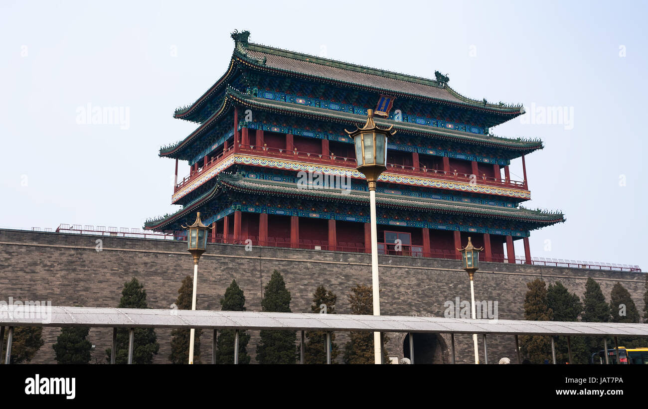 travel to China - view of Zhengyangmen Gate tower in Beijing in spring ...
