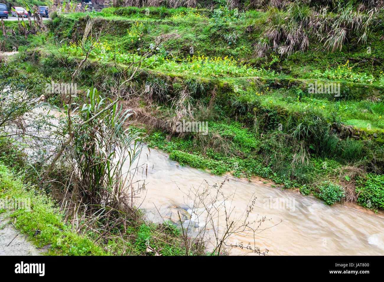 travel to China - water stream near rice terraced fields in Dazhai ...