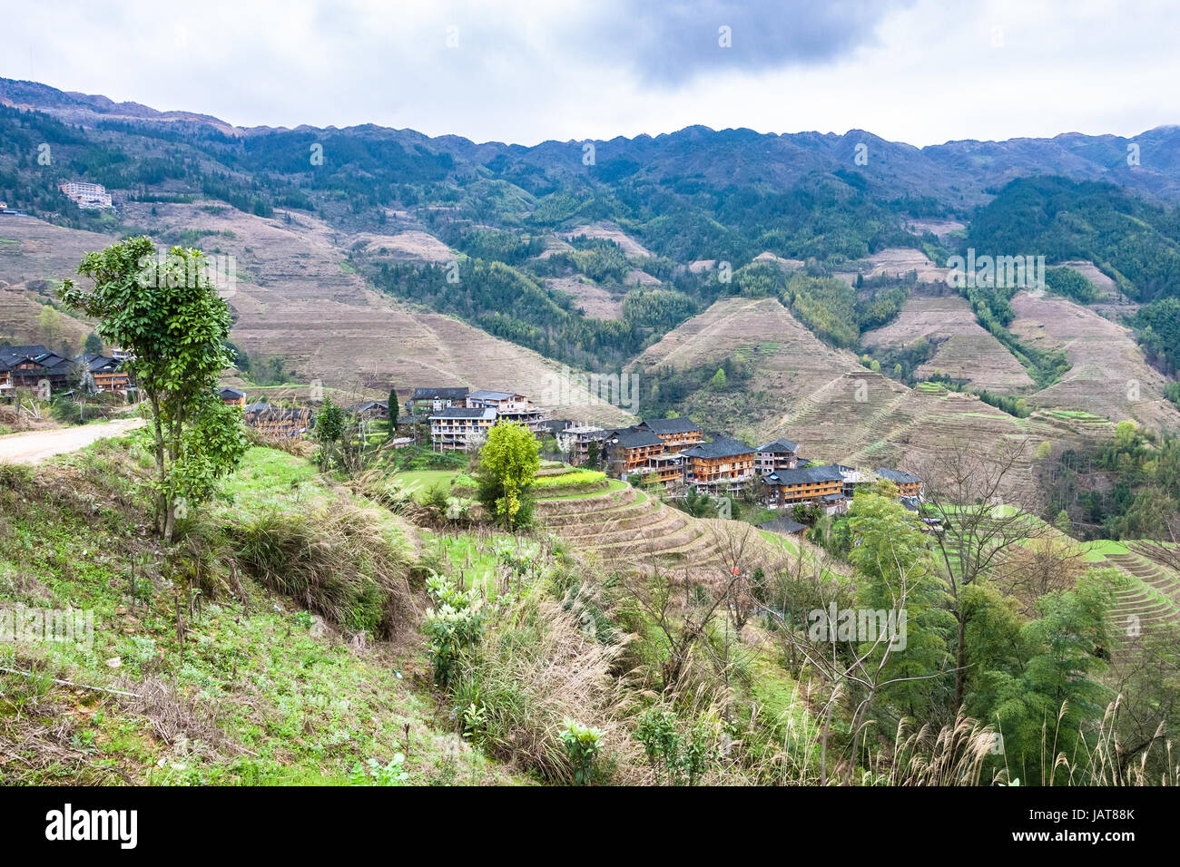 travel to China - view of Dazhai country with village from viewpoint ...
