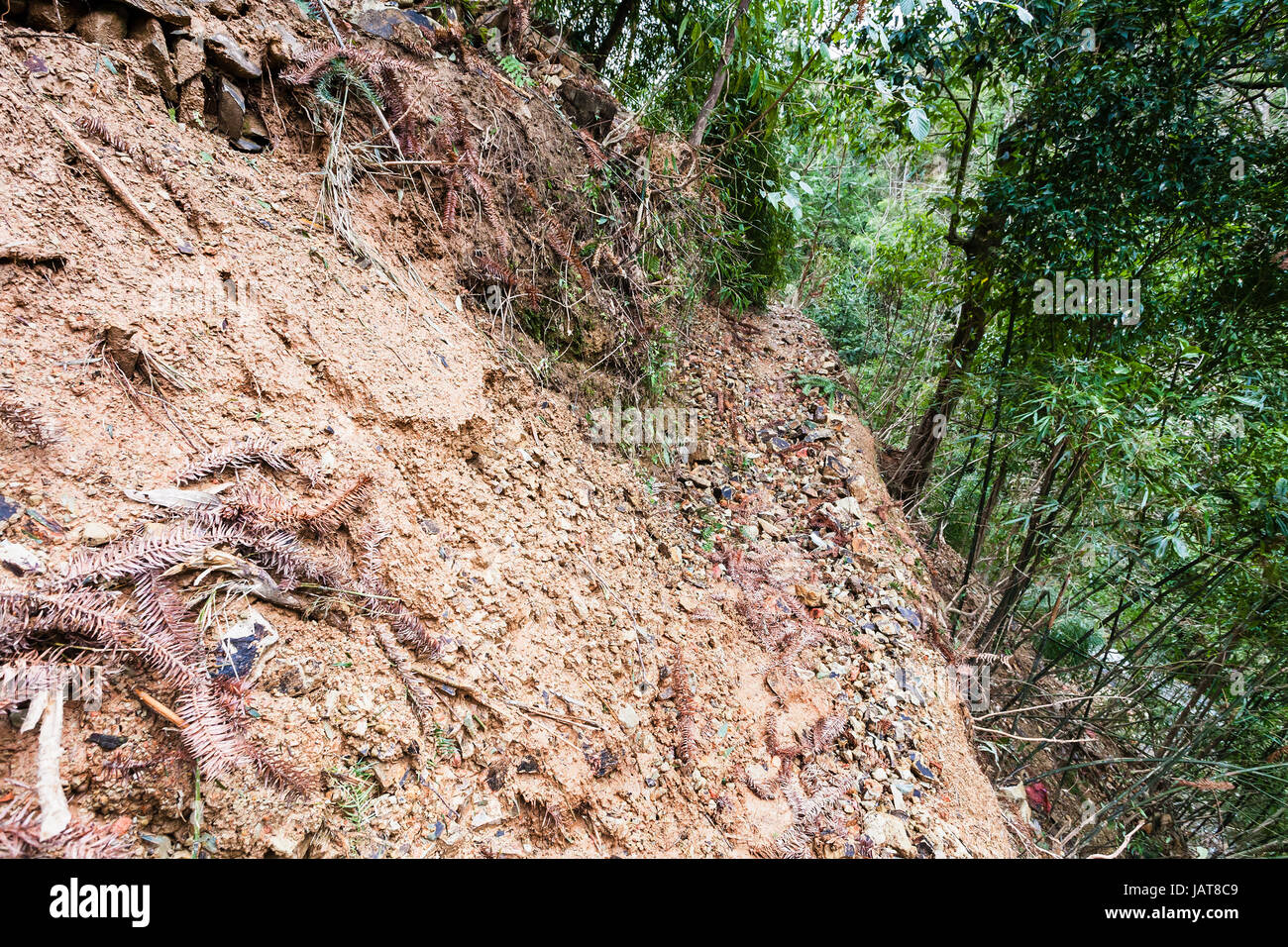 travel to China - path through landslide on mountain slope in Dazhai ...