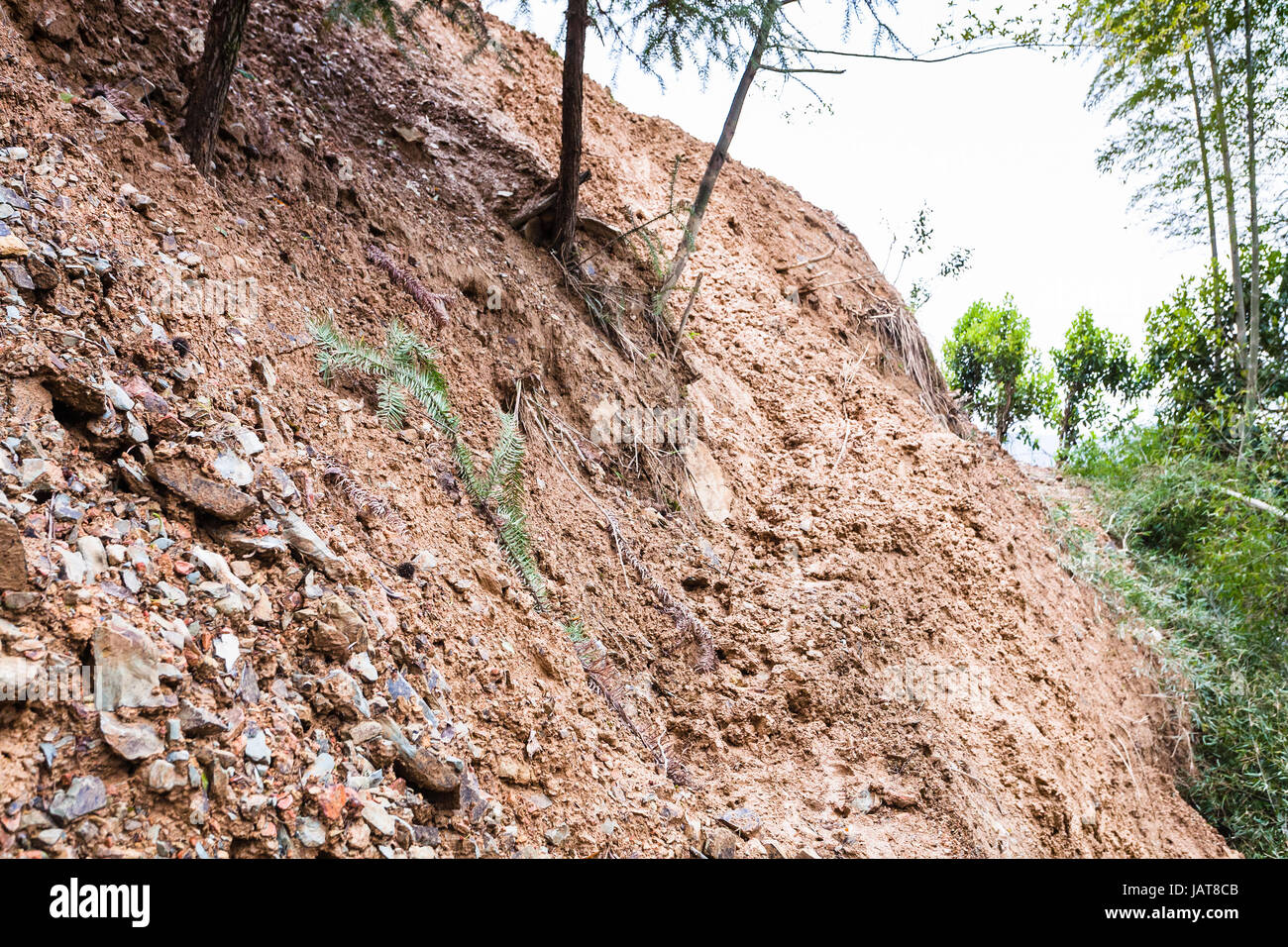 travel to China - path through mudslide on mountain slope in Dazhai ...