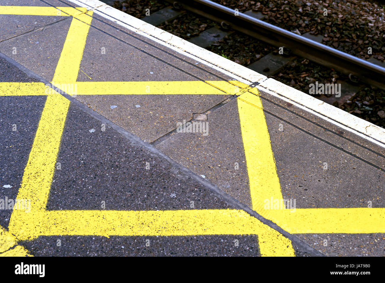 Yellow painted pedestrian warning signs on a train platform Stock Photo ...