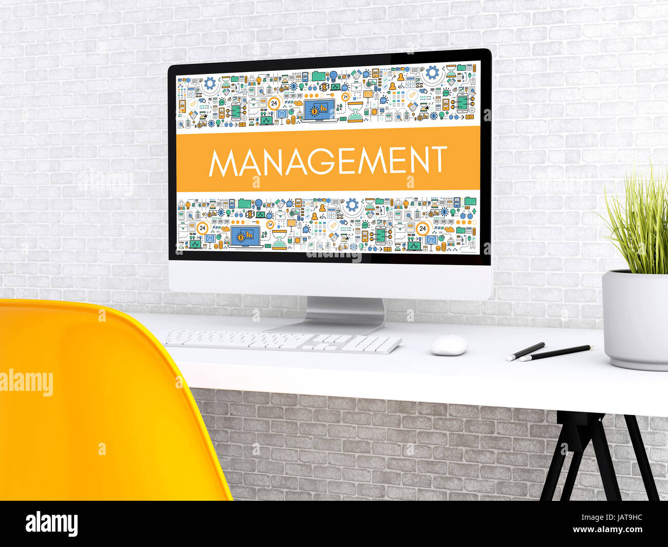 3D illustration. Modern workspace and computer with word MANAGEMENT ...