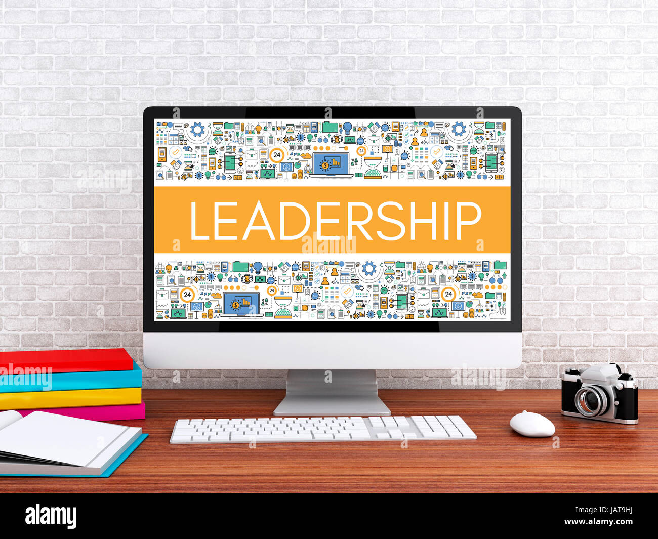 3D illustration. Modern workspace and computer with word LEADERSHIP ...