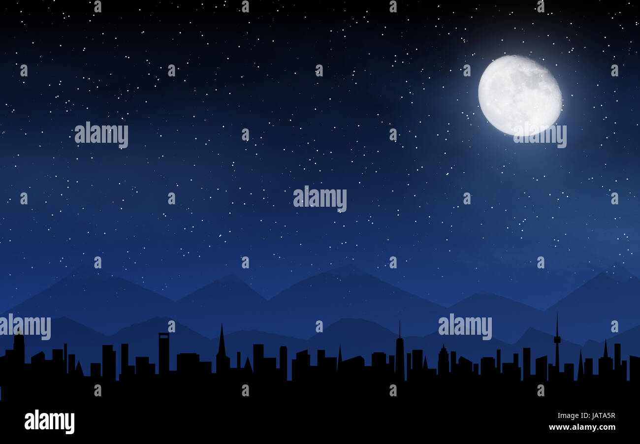 Skyline and deep night sky with many stars and moon Stock Photo - Alamy