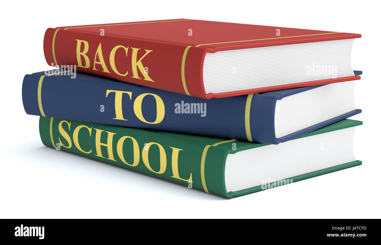 three books with text: back to school, white background (3d render ...