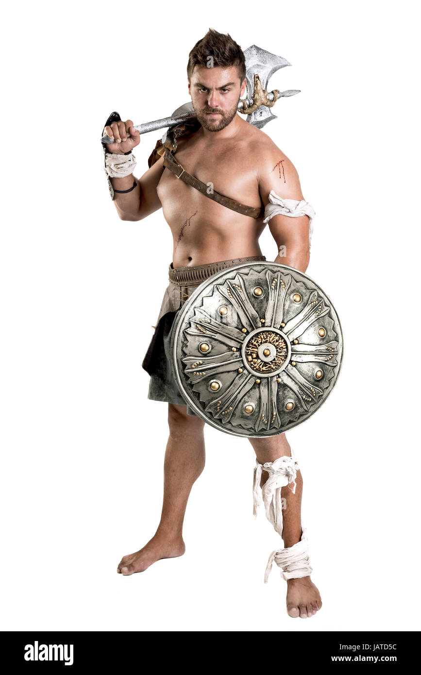 Ancient warrior or Gladiator isolated in a white background Stock Photo ...