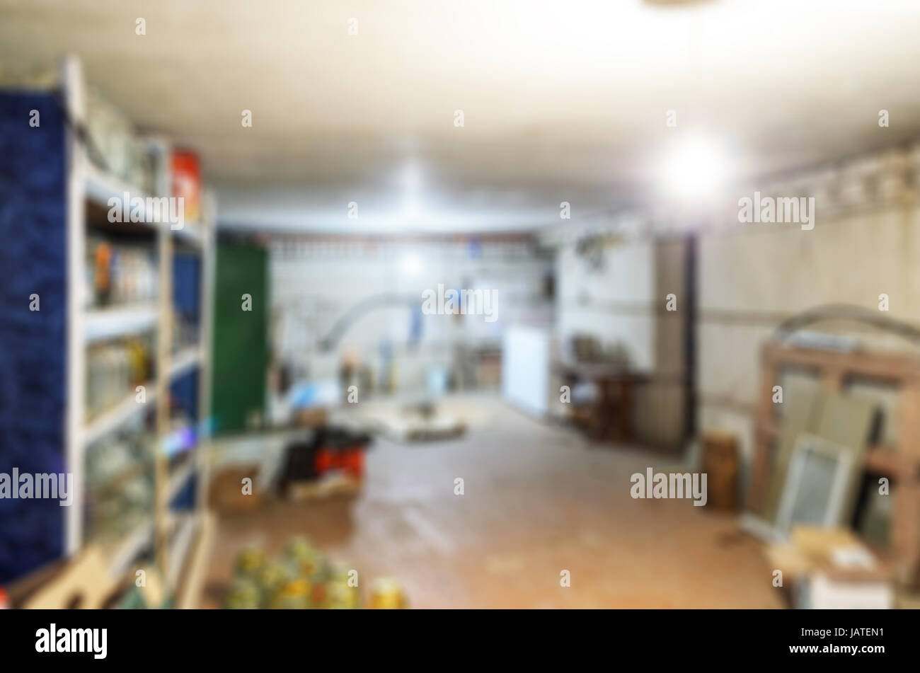 Abstract blur cluttered garage or basement for background Stock Photo ...