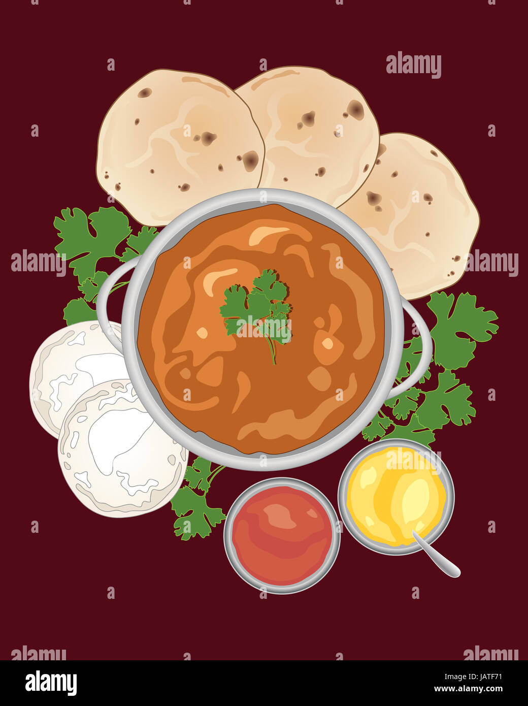 an illustration of an Indian chicken tikka masala meal with idly ...
