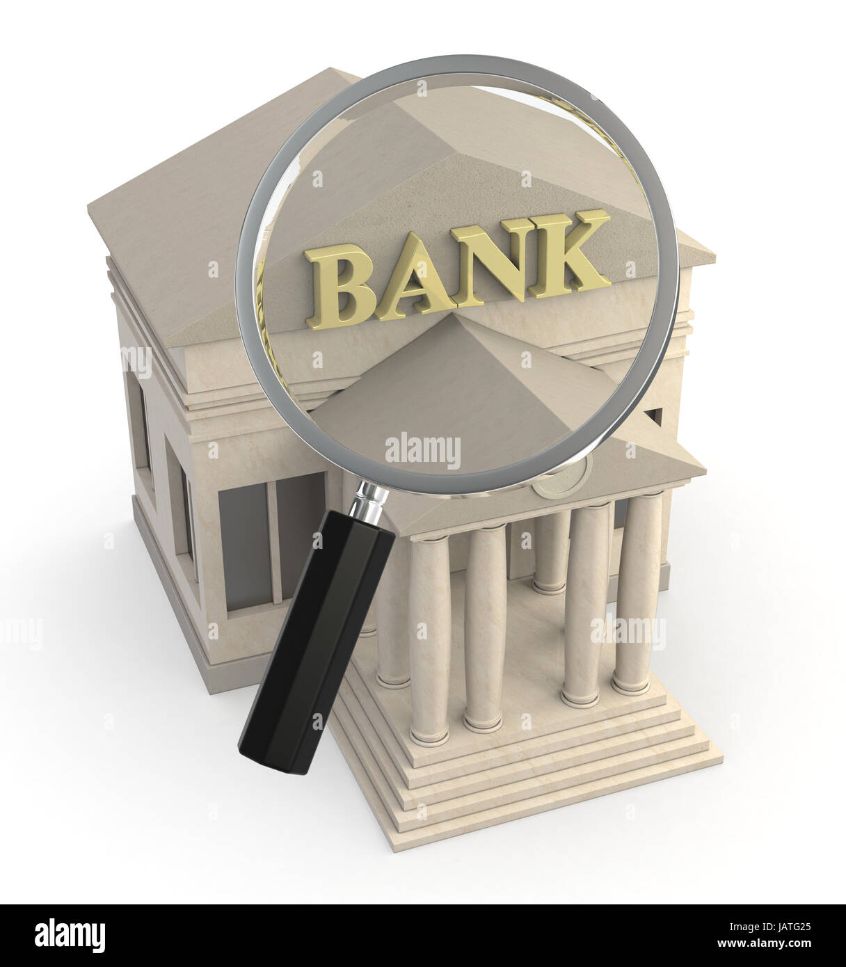 one bank building with a magnifying glass, concept of finding the best ...