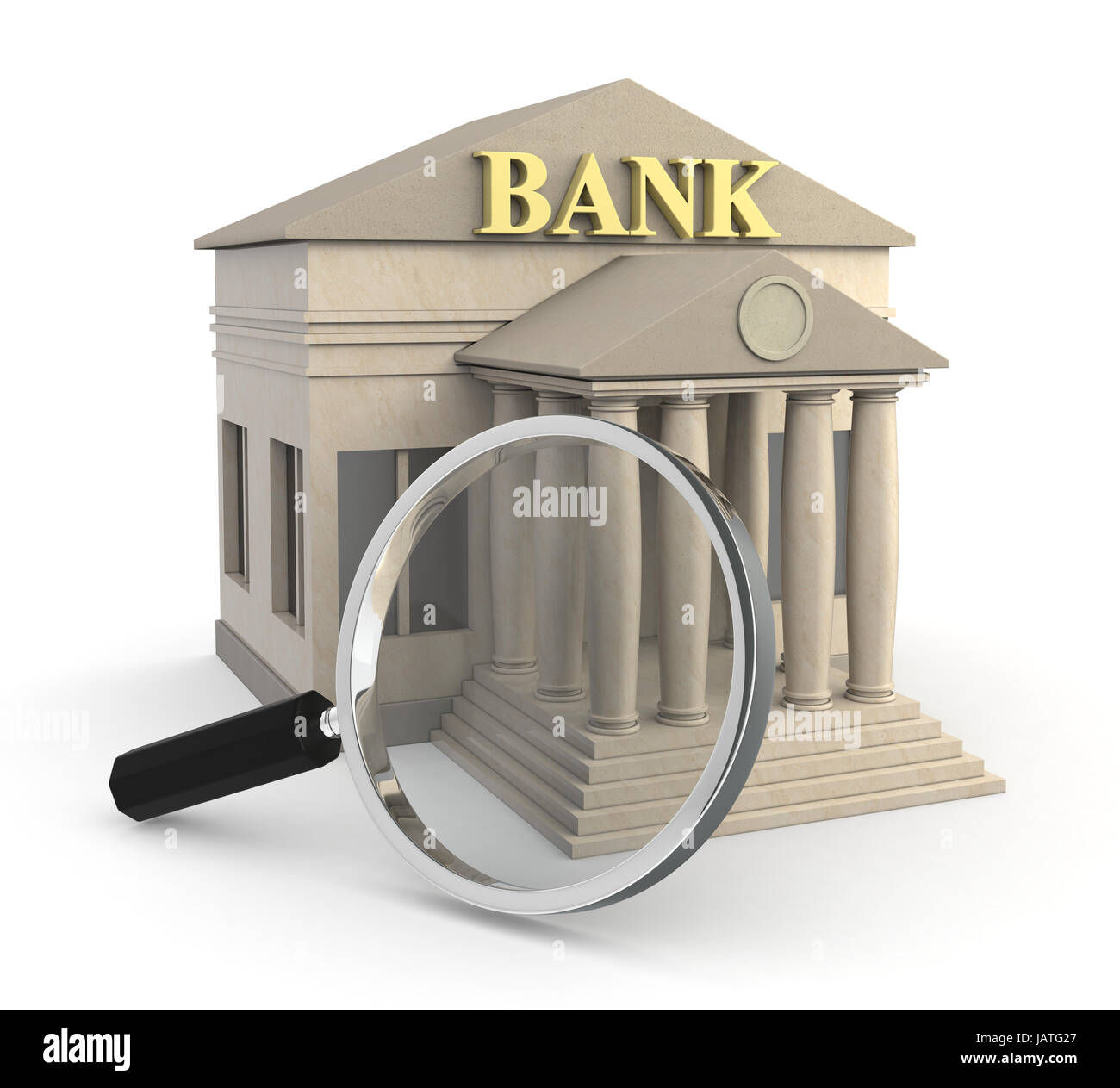 one bank building with a magnifying glass, concept of finding the best ...