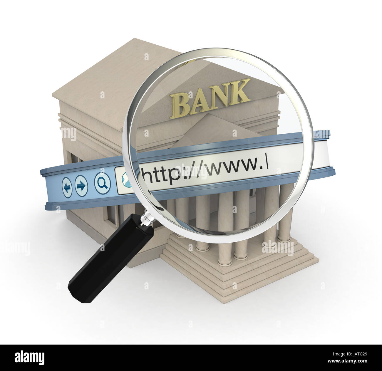 one bank building with an internet browser address bar and a magnifying ...