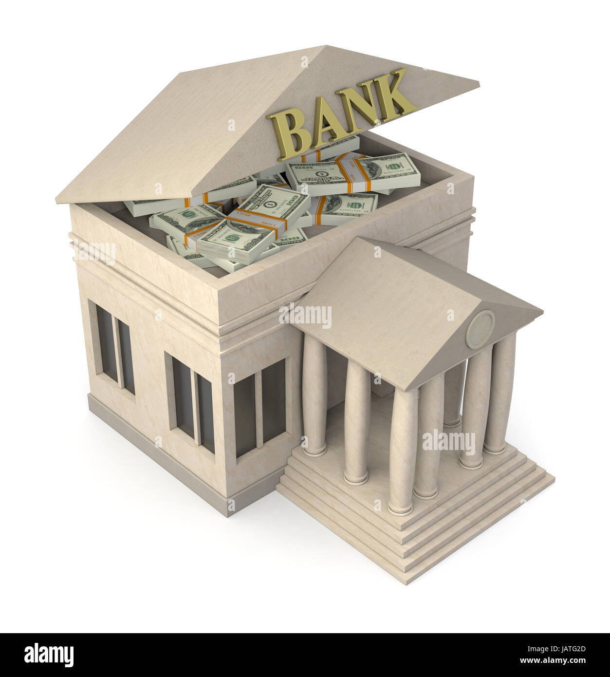one bank building with the roof open and stacks of banknotes (3d render ...