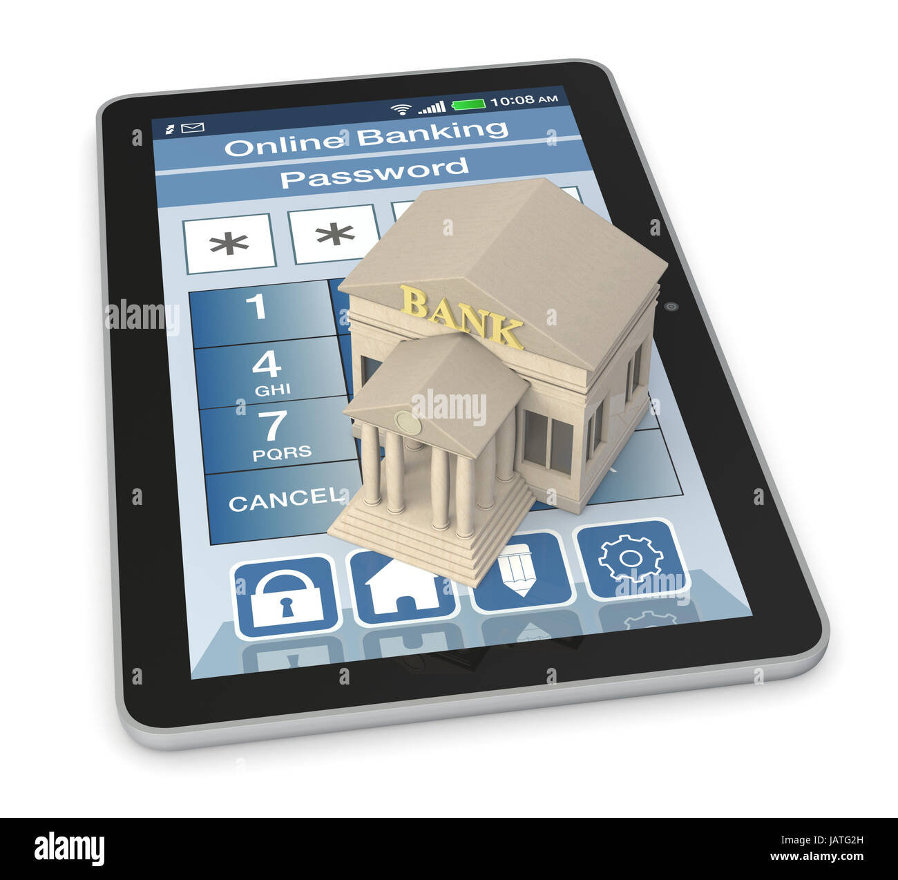 one bank building and a tablet pc with an online banking app (3d render ...