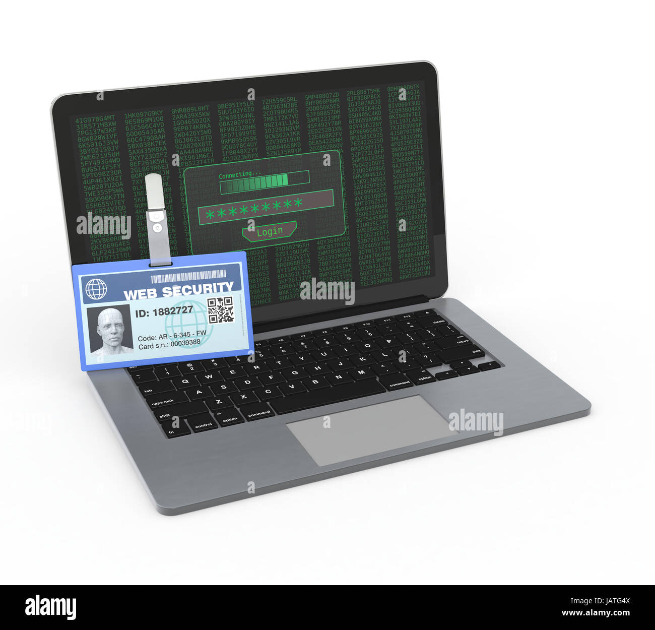 one badge with a 3d man head, and a notebook with a login screen ...