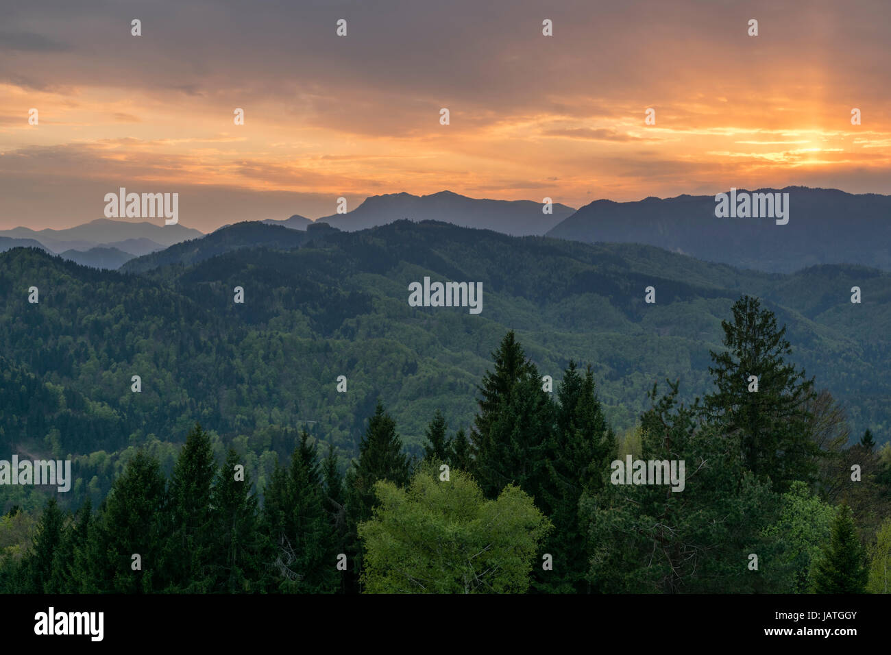 Sunset over hills in Slovenia Stock Photo - Alamy