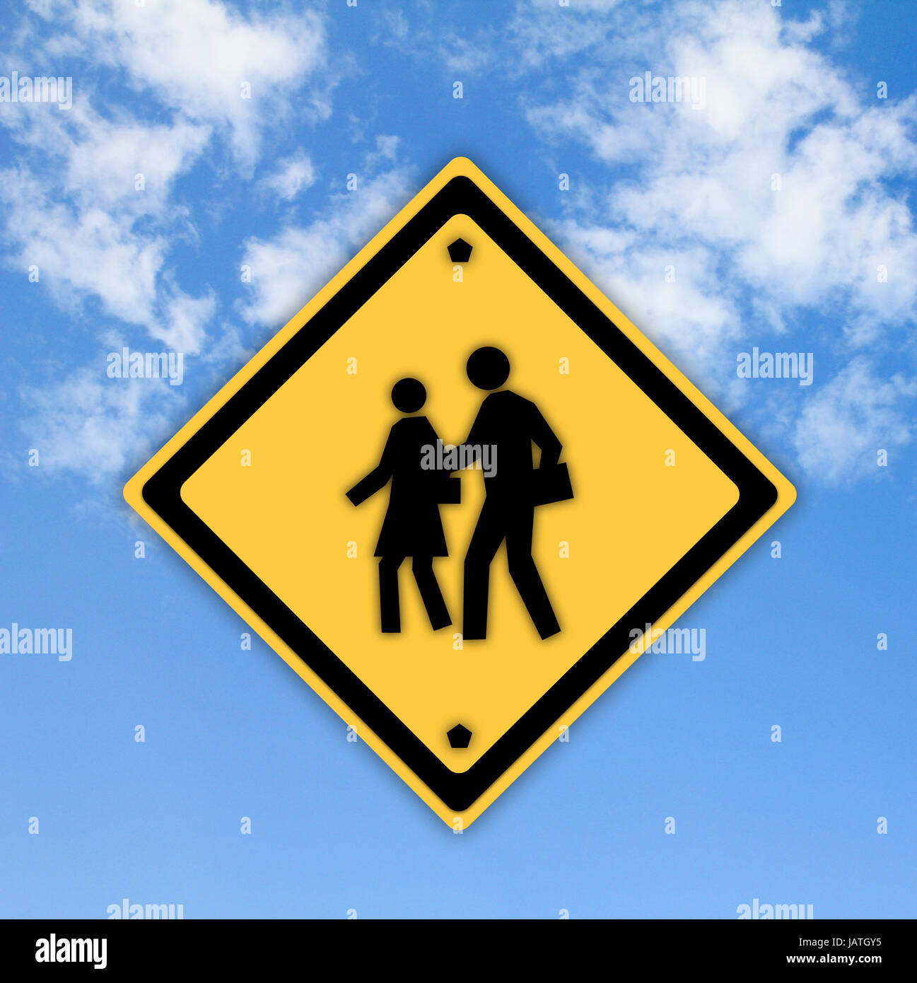 School warning sign on yellow with a blue sky background Stock Photo ...